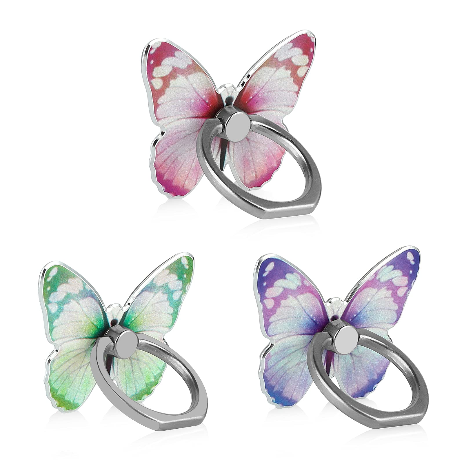 LSL Cute Butterfly Cell Phone Ring Holder 360°Rotation Metal Finger Stand Kickstand Universal Compatible with iPhone Samsung Galaxy LG Google Pixel iPad Three Pack Green Pink Purple Pretty Butterfly