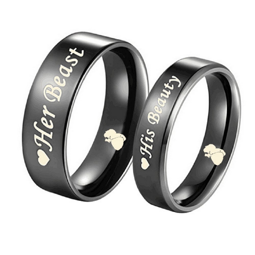His Beauty Love Heart Women's Black Stainless Steel Engagement Wedding Bands Promise Ring Anniversary (Her Size 5)