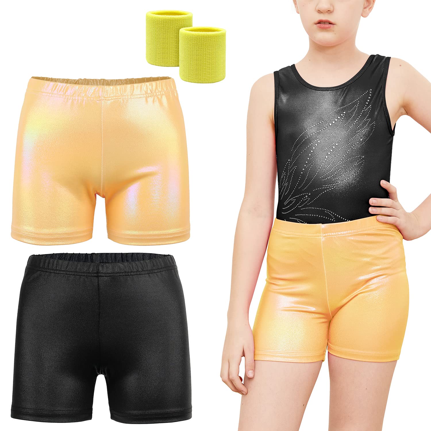 MODAFANS Girls Shorts Athletic Dance Wear Gymnastics Leotards Shorts Metallic Biker Shorts 4-5Years,Black
