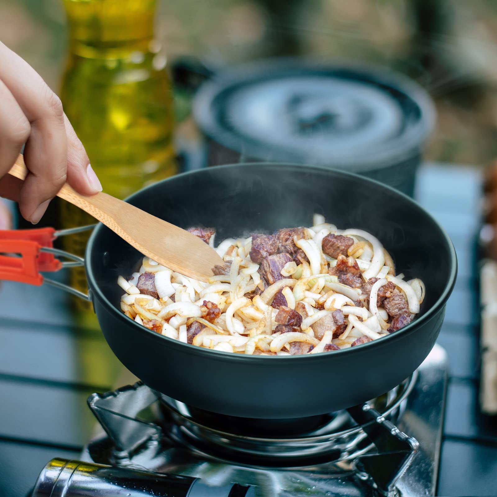 Overmont 14pc 16pc Camping Cookware Mess Kit, Portable Camping Cooking Set for Backpacking, Outdoor Hiking and Picnic Pot Pan Folding Spork Knife Spoon Kit (3.4, Large(for 3-5 PPL))