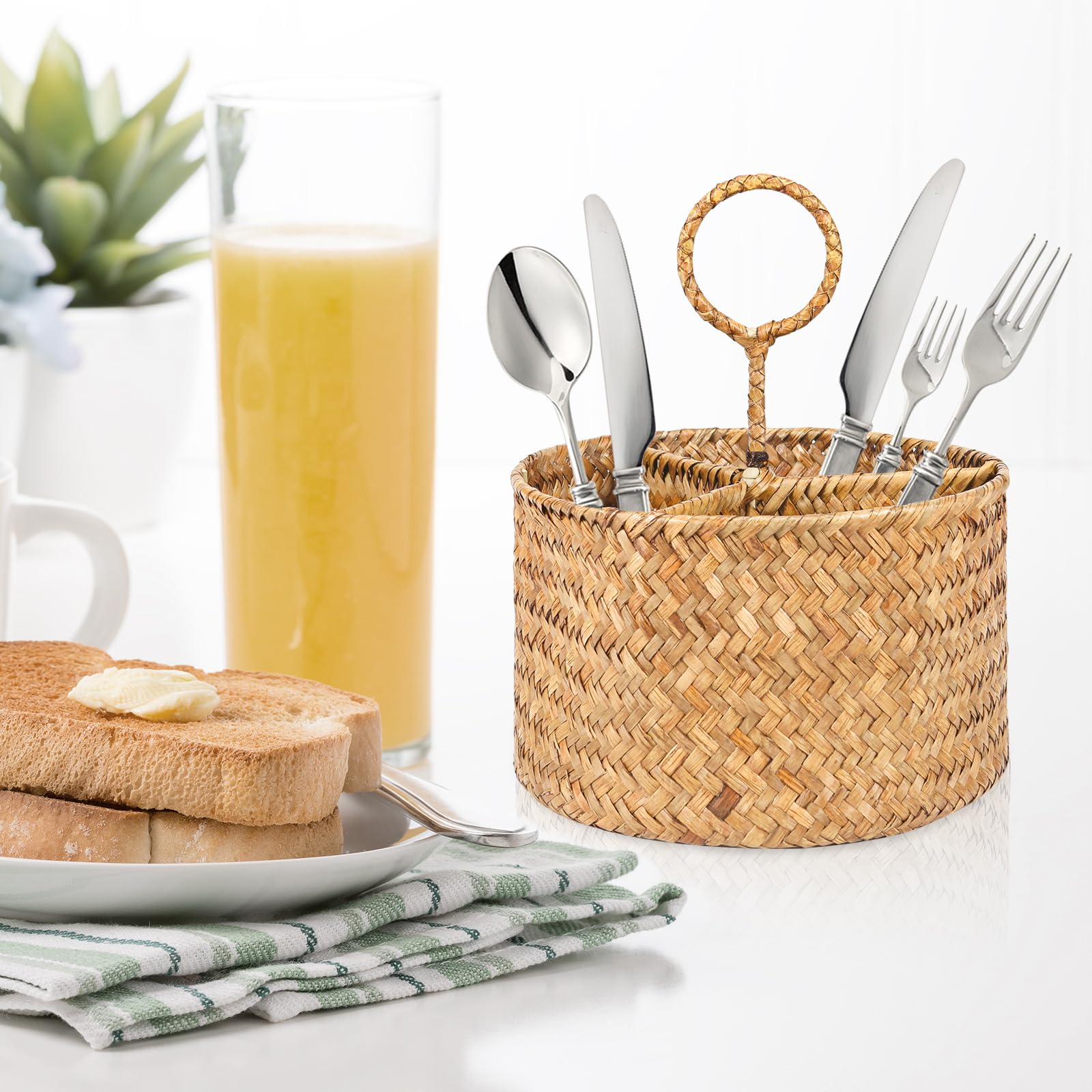 YIFANZHIBIAN Cutlery Holder, Hand-Woven Seagrass Utensil Caddy, Silverware Caddy Spoon holder, Utensil Organizer for Countertop, Flatware Caddy with Handle, Utensil Holder for Party Camping