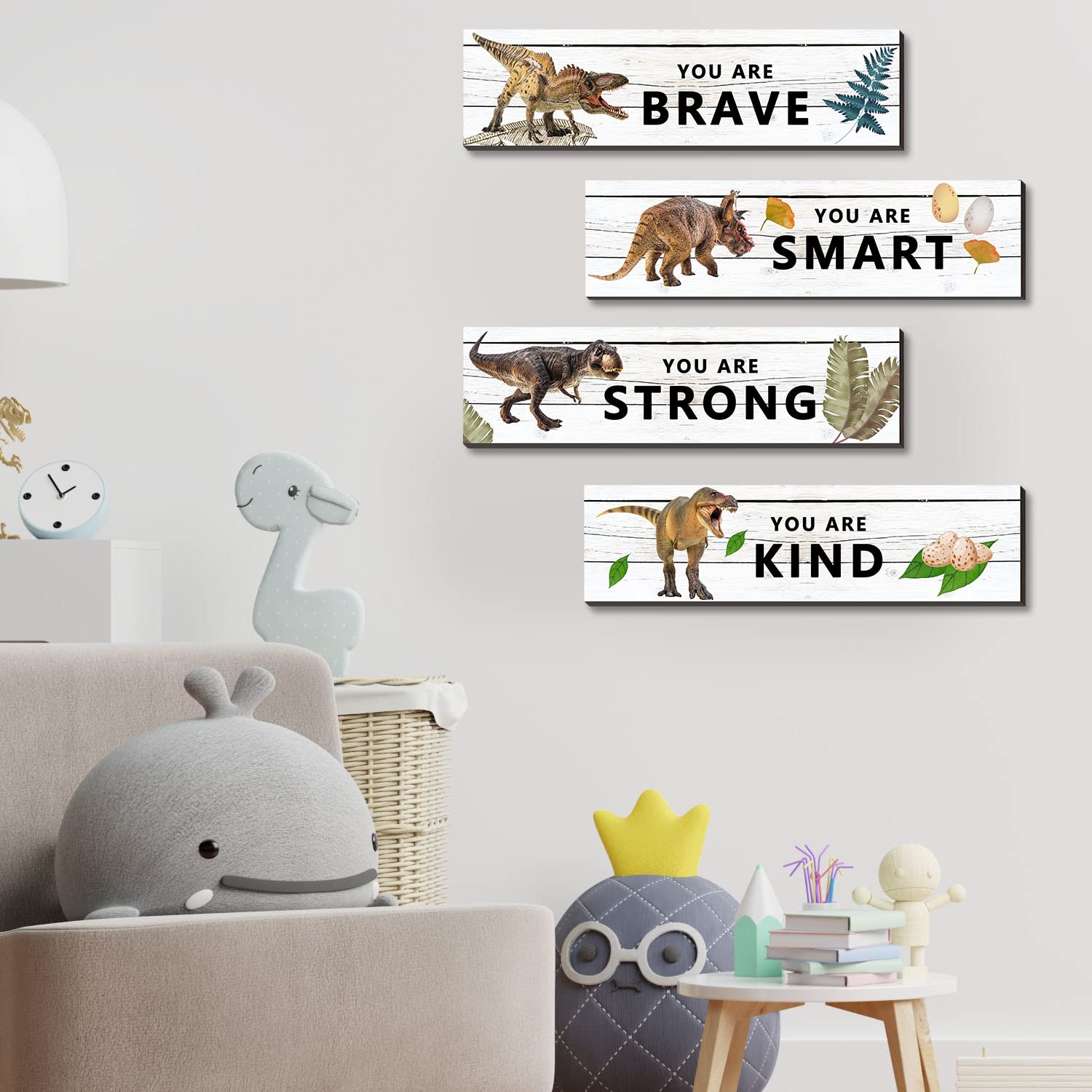 UBLURO 4 Pieces Dinosaur Motivational Wall Art Decors - Dinosaur Wooden Hanging Wall Prints Plaques, Dinosaur Room Decor for for Kids Boys Nursery Bedroom Decorations