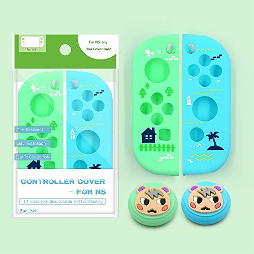 JoyCon Silicone Cover for Nintendo Switch + 4 Marshal Design Thumb Grip Caps, Anti-Scratch Cute Anti-Slip Joy-Con Case (Animal Crossing Island Version)