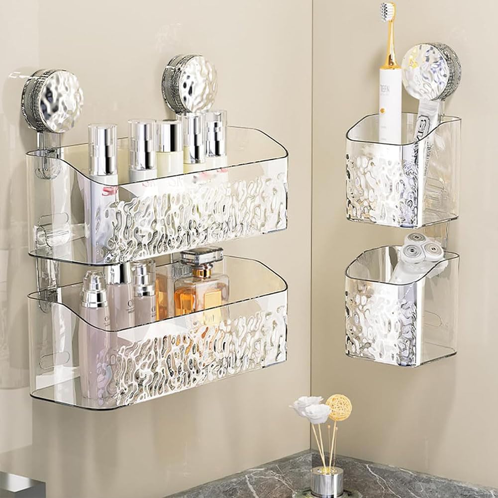 YSGBYSG Light Luxury Style Glacier Pattern Suction Cup Shelf, Suction Cup Shower Caddy, Suction Cup Shower Shelves, No-Drilling Wall Mounted Removable Shower Basket For Kitchen Bathroom (white-Large)