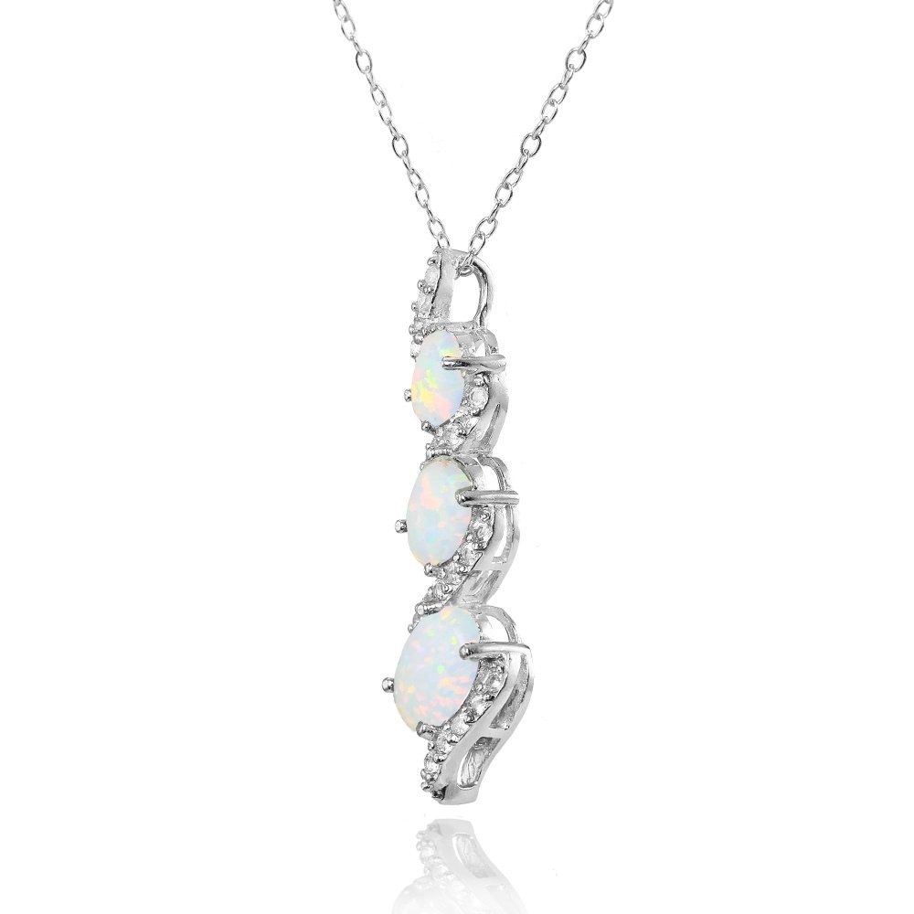 Ice Gems Sterling Silver Simulated White Opal and White Topaz Oval S Design Three-Stone Journey Necklace
