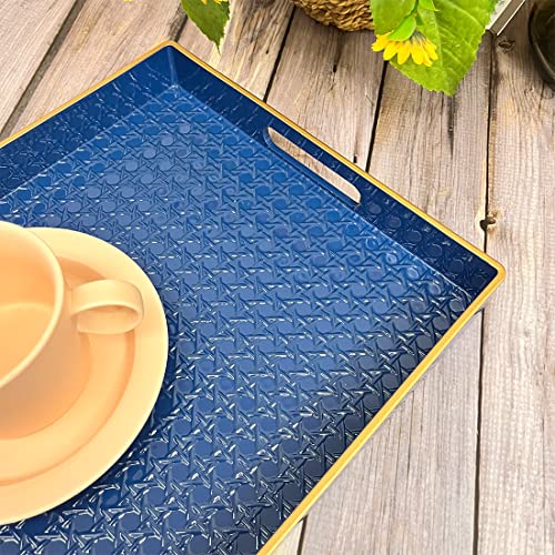 Umisriro Navy Blue Serving Tray with Handles, Plastic Decorative Tray for Ottoman, Coffee Table, Living Room, Kitchen 15.7βx10.2β
