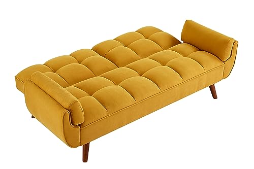 Verfur Upholstered Convertible Folding Sleeper Futon Sofa Bed with Adjustable Backrest, Modern 2 Seater Padded Loveseat Couch Sofabed with Rubber Wood Legs and Arm Pillows for Living Room, Bedroom