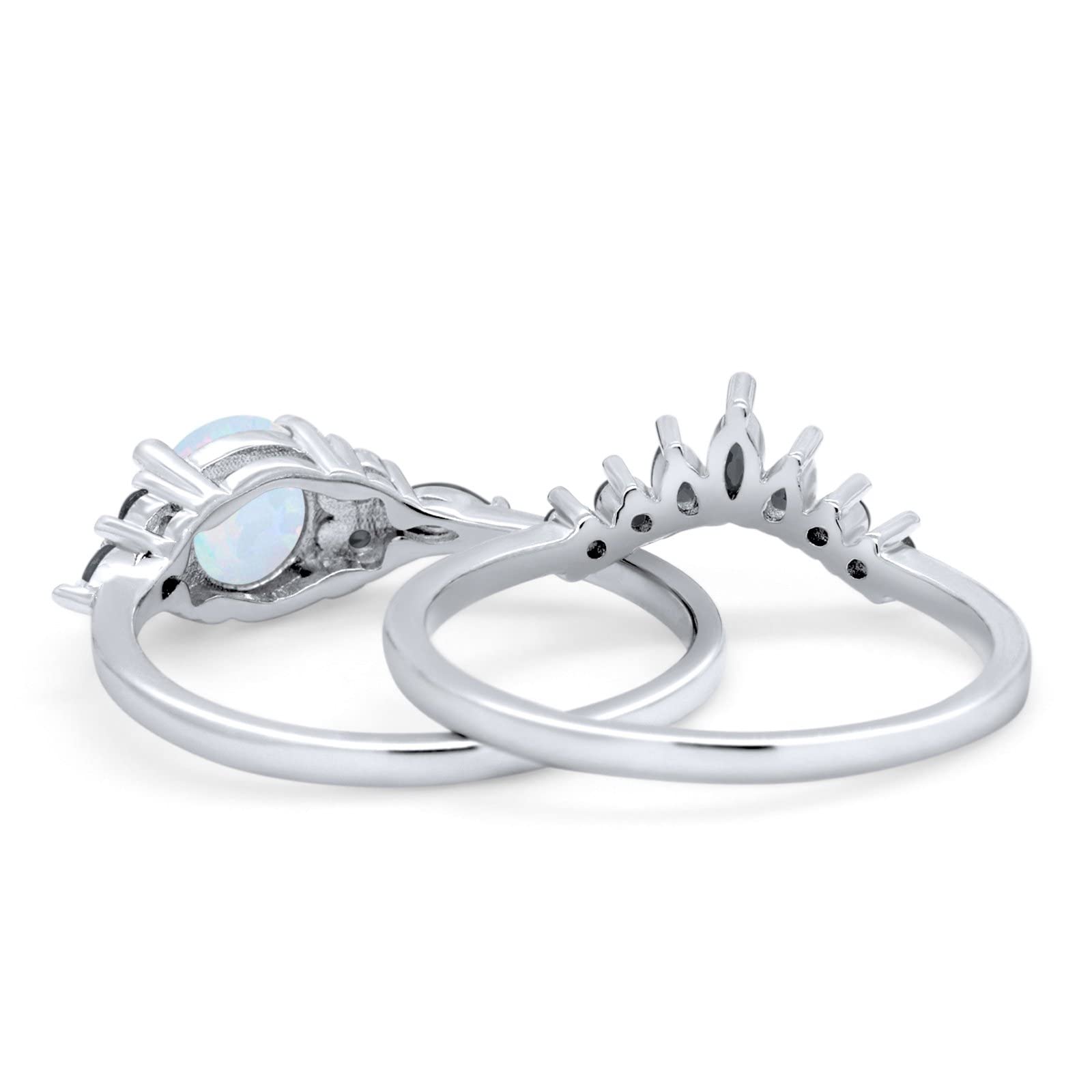 Lab Created White Opal Size-7 Two Piece Bridal Set Art Deco Wedding Engagement Vintage Black Marquise Round CZ 925 Sterling Silver