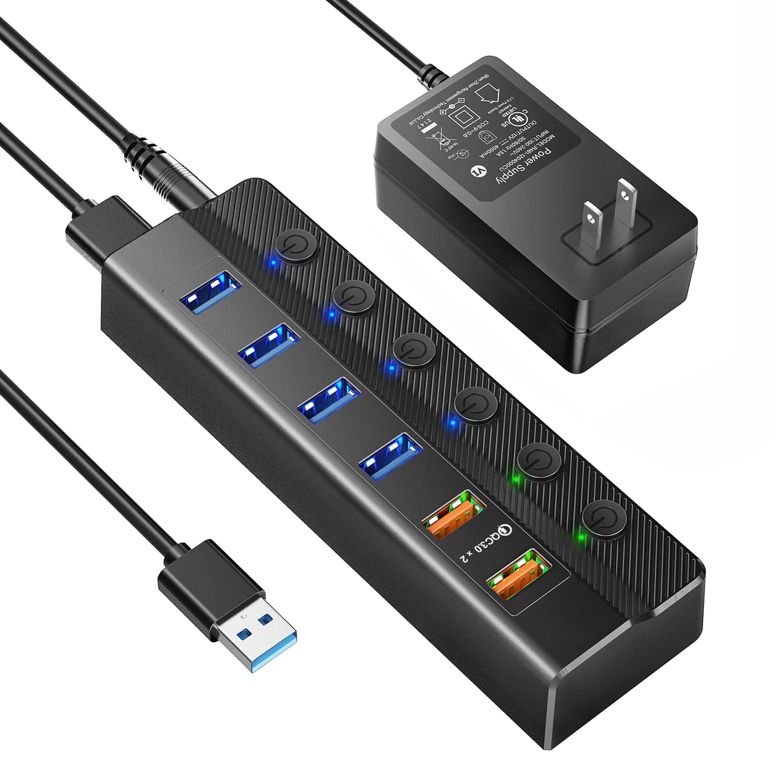 Powered USB 3.0 Hub, LURMMUE 6-Port USB Hub (4*USB 3.0 Data Ports and 2*QC 3.0 Charging Ports) with Individual On/Off Switches, 12V/4A Power Adapter for Mac, PC, Laptop, Computer