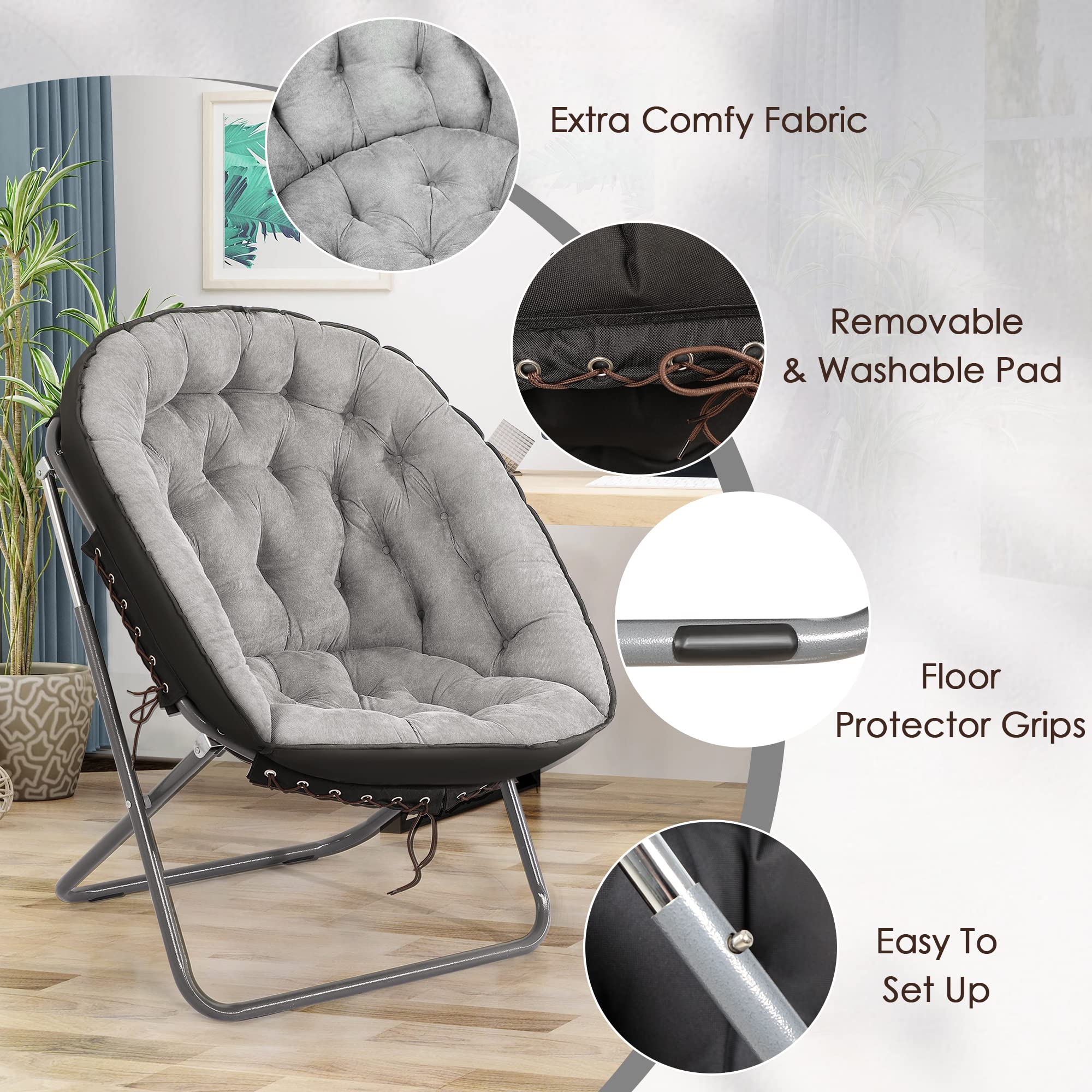 iw I WISH Saucer Chair for Adults,Folding Saucer Chair,Oversized Saucer Chair,Comfy Foldable Chair for Bedroom,Moon Chair,300 lbs (Grey)