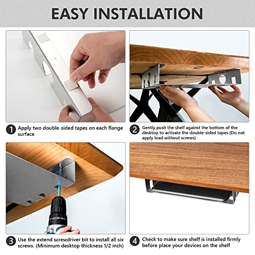Under Table Shelf - Clear Under Desk Shelf for Laptop, PC,Mac Mini, Computer, and Gadget. Under Table Mount Shelf, Storage, Desk Hanging Organizer, Desk Laptop Holder, PC Desk Mount