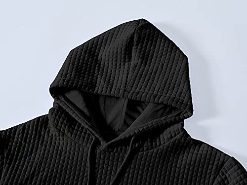 Yundobop Men's Pullover Hoodies Plaid Jacquard Long Sleeve Drawstring Hipster Casual Hooded Sweatshirts with Kanga Pockets Black L