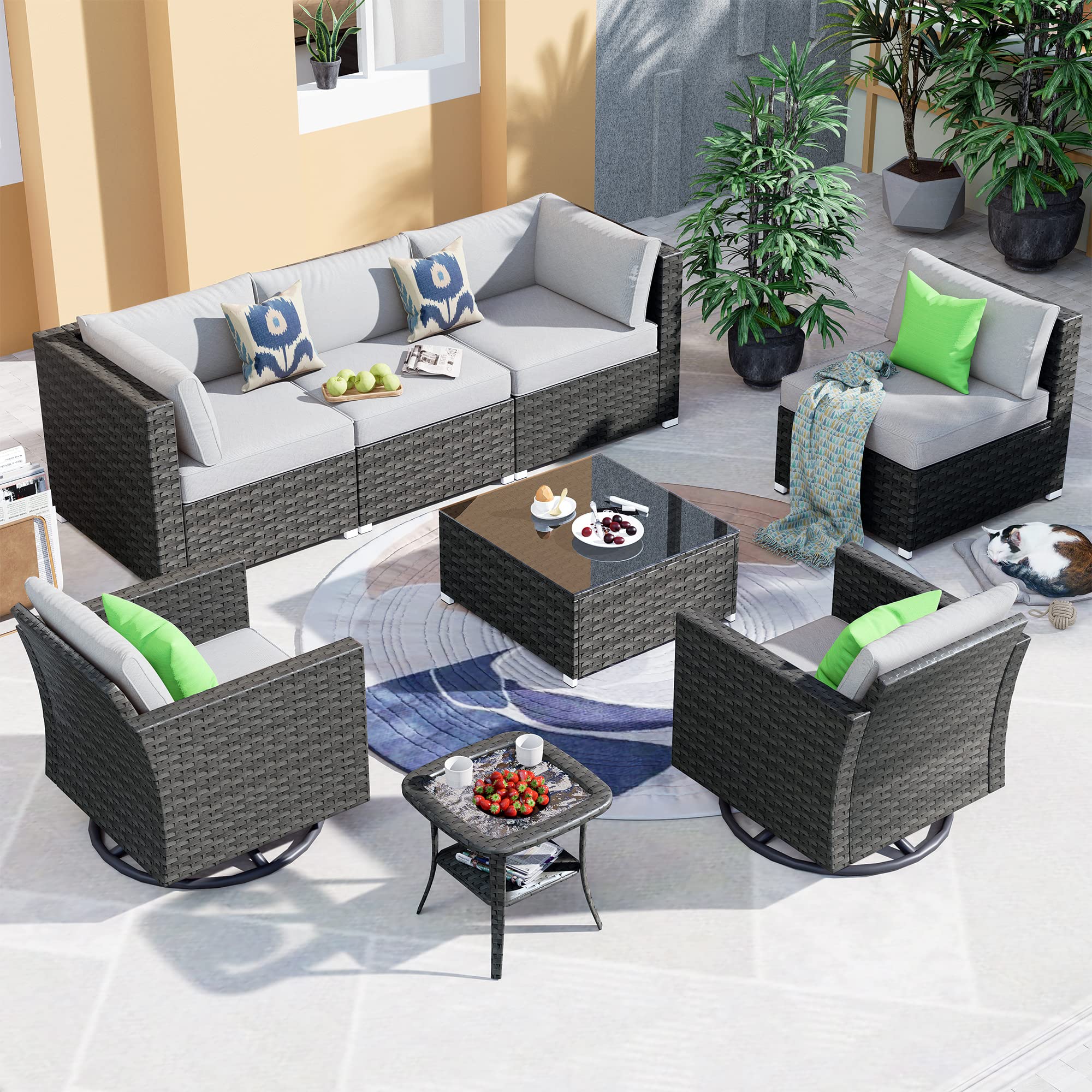 XIZZI Outdoor Furniture Patio Sectional Sofa Swivel Rocking Chairs 8 Piece All Weather PE Rattan Wicker Conversation Sets with Coffee and Side Table for Backyard Deck Garden,Grey