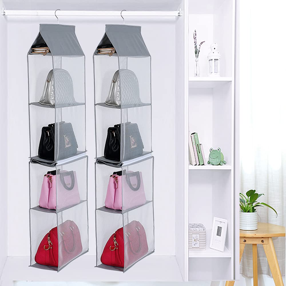 KEEPJOY Detachable Hanging Handbag Purse Organizer for Closet, Purse Bag Storage Holder for Wardrobe Closet with 4 Shelves Space Saving Purse Organizers System (Pack of 2 Grey)