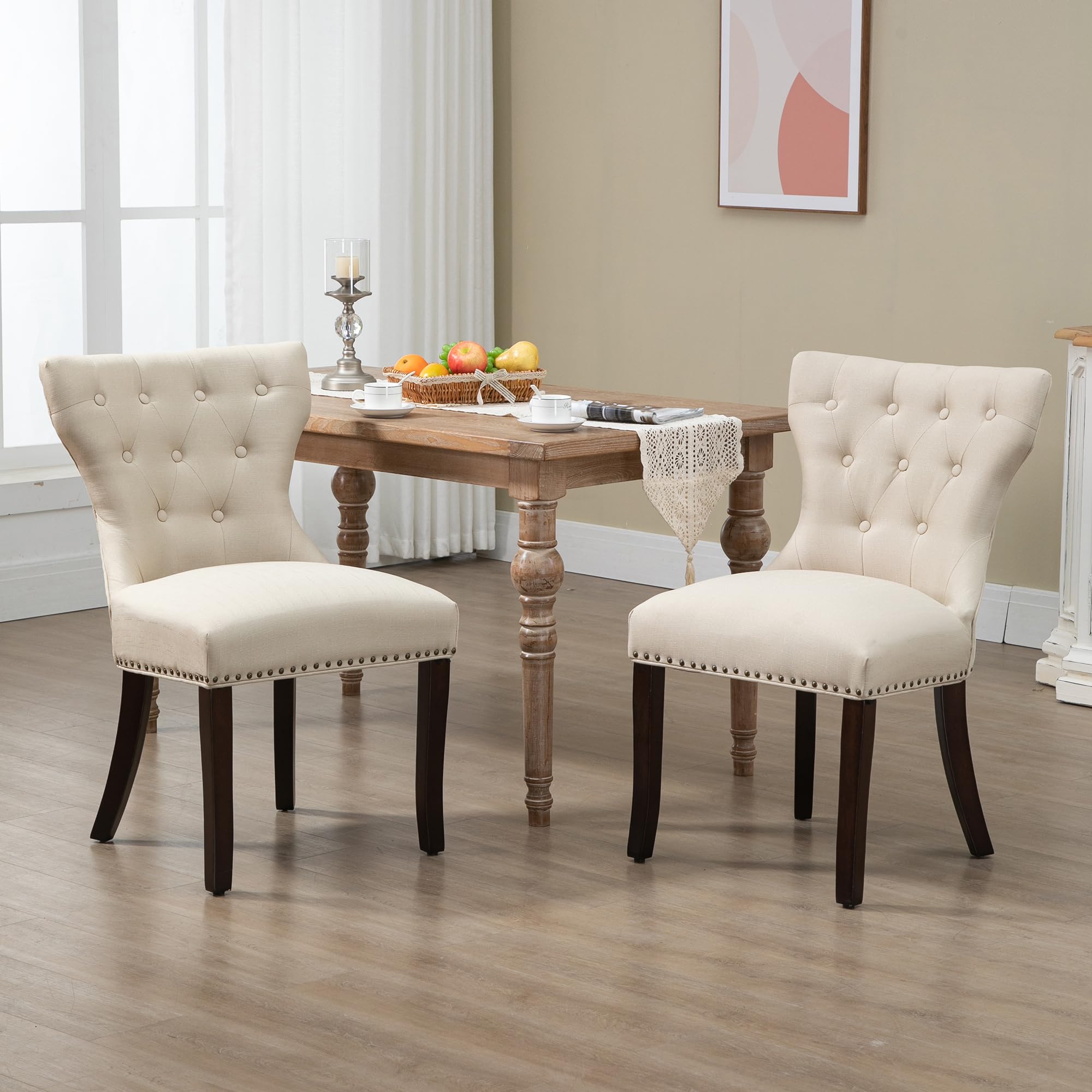 LSSBOUGHT Set of 2 Fabric Dining Chairs Leisure Padded Accent Chairs with Brown Solid Wooden Legs Nailed Trim 300 LBS Weight Capacity, Tan
