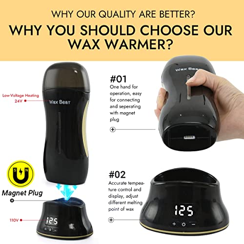 Wax Bear Roll On Wax Kit for Hair Removal,Roller Wax Cartridge Depilatory Wax Heater Kit Digital Temperature Display with for Personal & Professional Use,Black