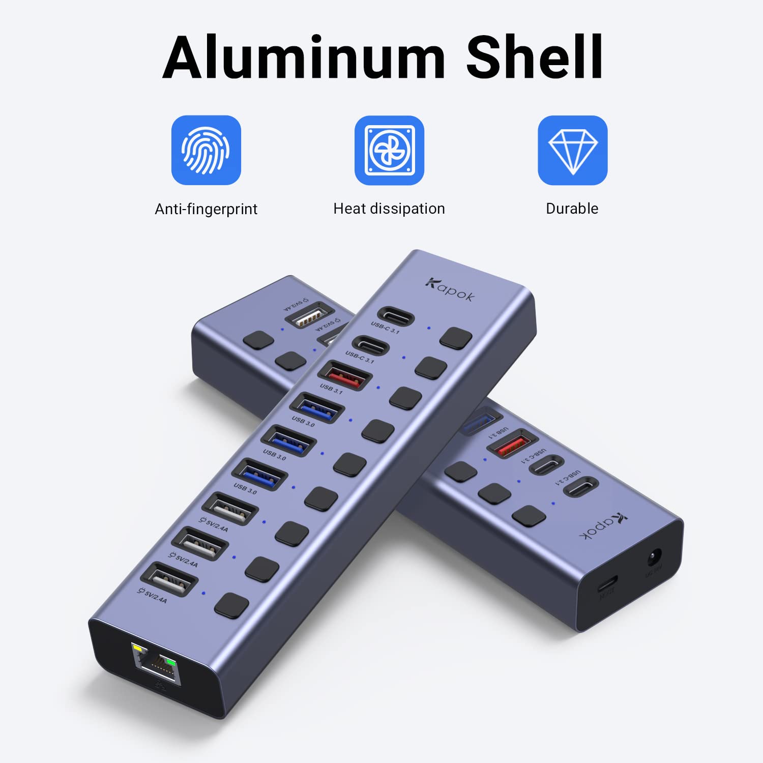 Powered USB C Hub/USB Hub 3.1, 10-Port 60W Aluminum USB Splitter with Ethernet Port, 2 USB C 3.1, 3 USB A Charging Ports, USB A 3.1, 3 USB A 3.0, Power Switches, 16inch Cable AC Adapter for Laptops,PC
