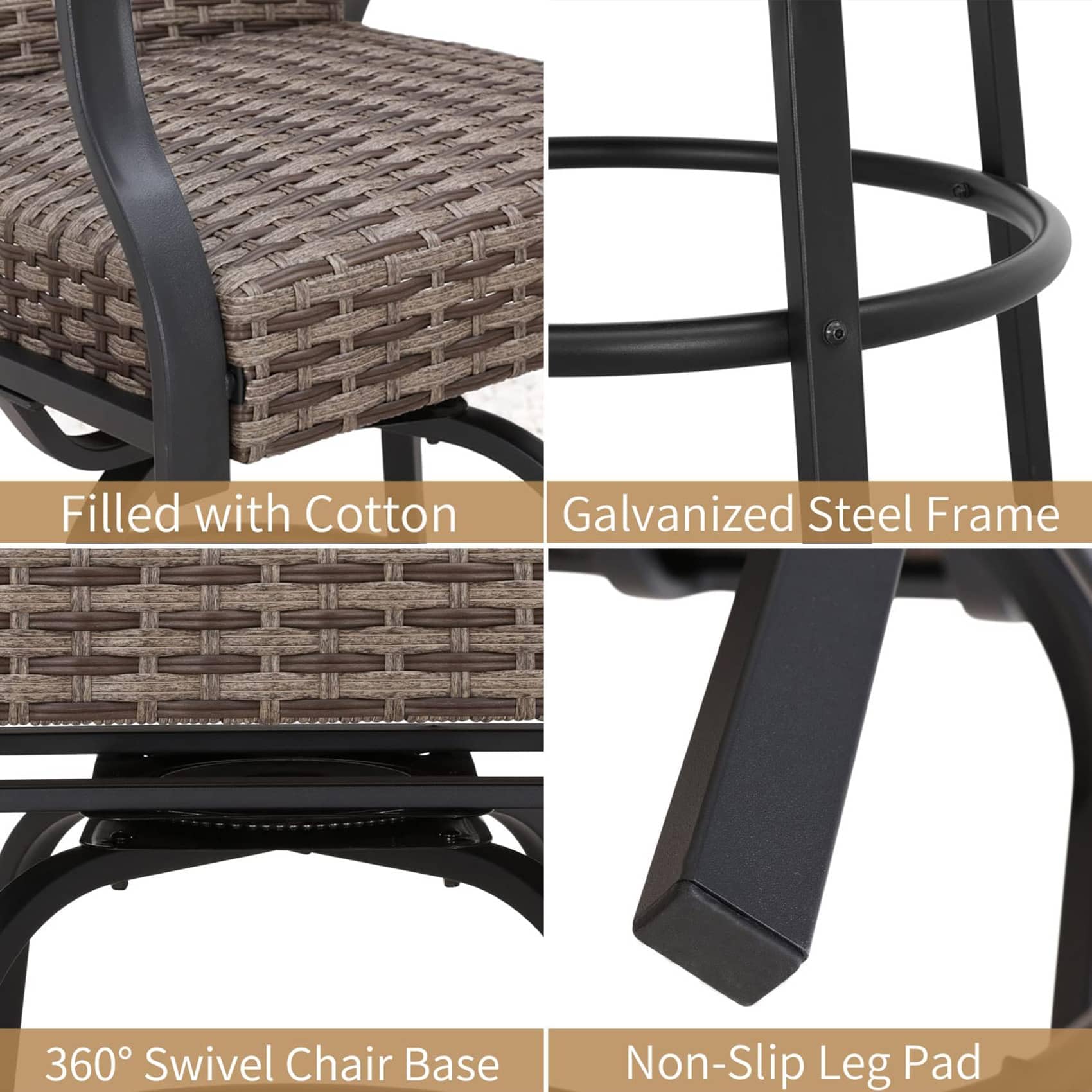 TOP HOME SPACE Patio Bar Stools High Back Outdoor Swivel Bar Height Stool Wicker Chairs Set of 2 with Built-in Cushion Metal Frame for Deck Porch Backyard