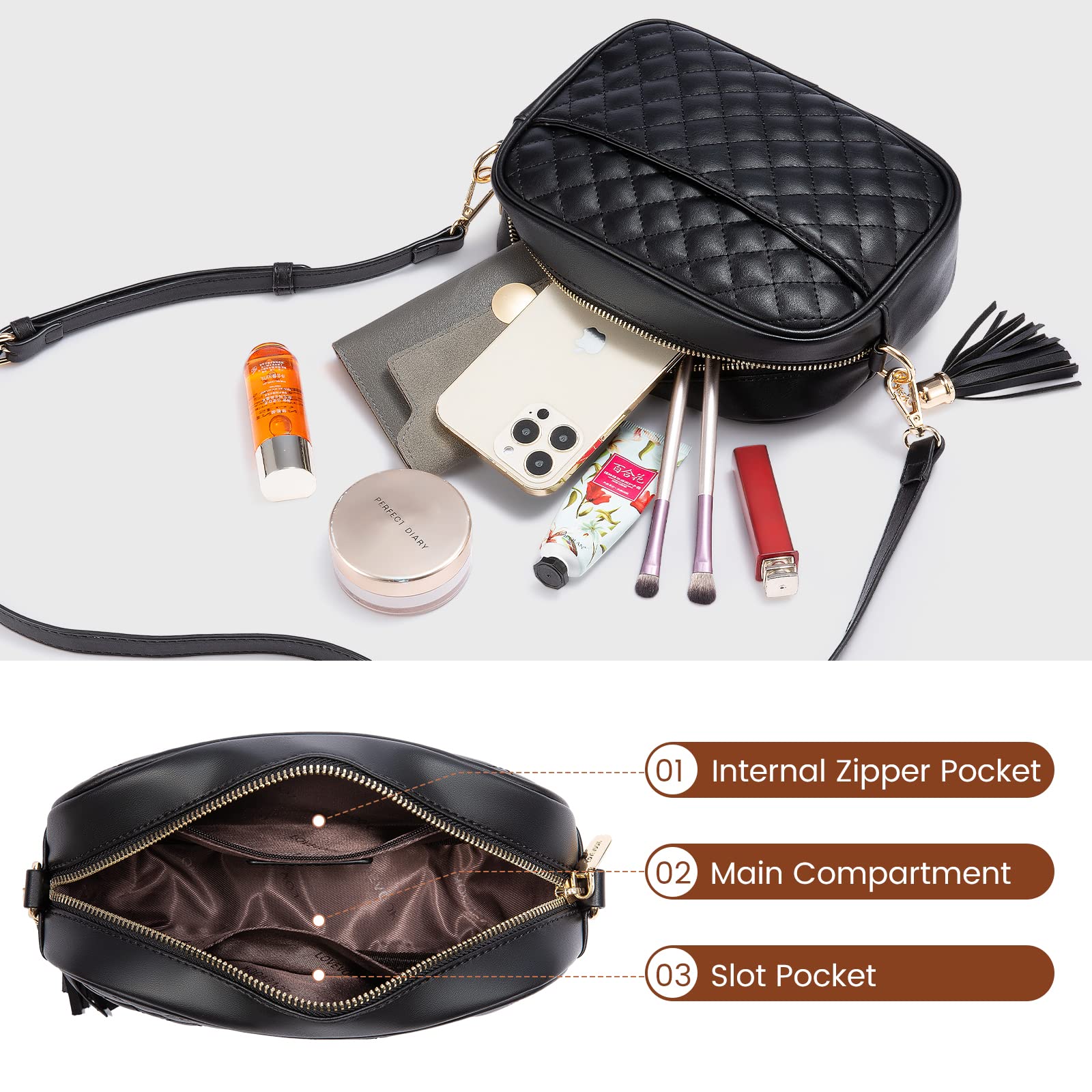 LOVEVOOK Black Quilted Crossbody Purse for Women,Trendy Design Shoulder Purse Ladies Camera Bag Clutch,Double Straps,Black