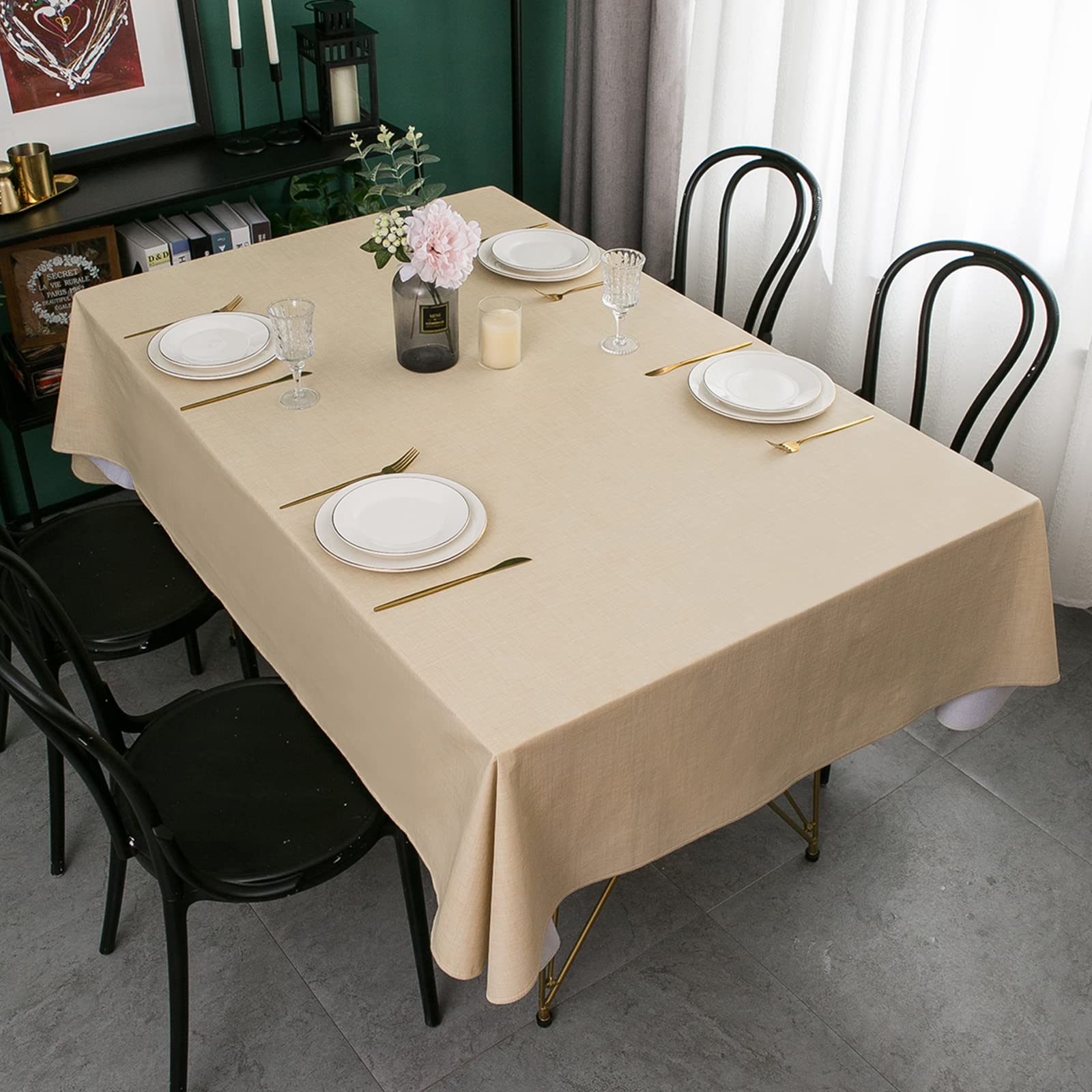 LIBERECOO Vinyl Tablecloth with Flannel Backing Waterproof Oil-Proof Plastic Table Cloth Wipeable PVC Table Cover for Indoor and Outdoor (Champagne Color, 60 x 84 Inch (6-8 Seats))