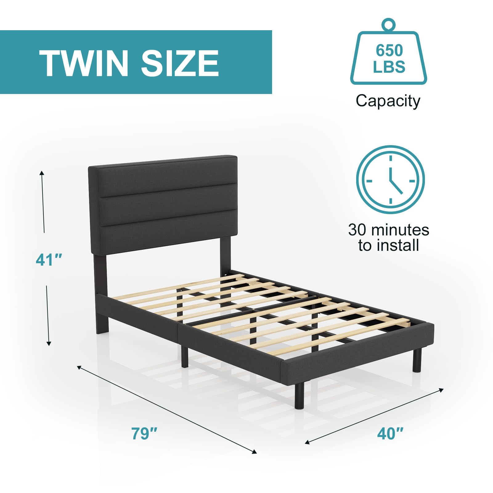 IYEE NATURE Queen Size Bed Frame with Headboard,Sturdy Platform Bed with Wooden Slats Support,No Box Spring,Mattress Foundation,Easy Assembly,Dark Grey