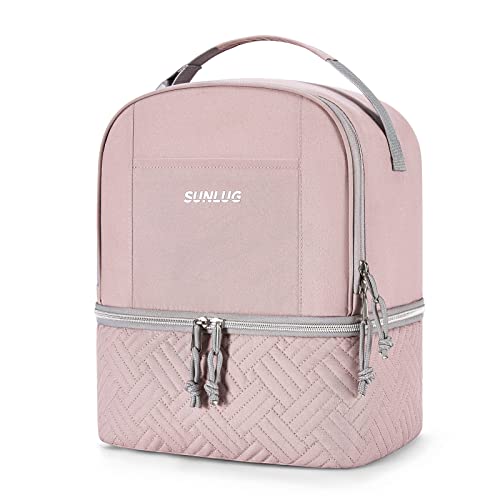 SUNLUG Large Lunch Bag for Women Insulated Lunch Box Double Deck Lunch Tote Reusable Pink Lunchbox for Office Work Picnic 13.5L