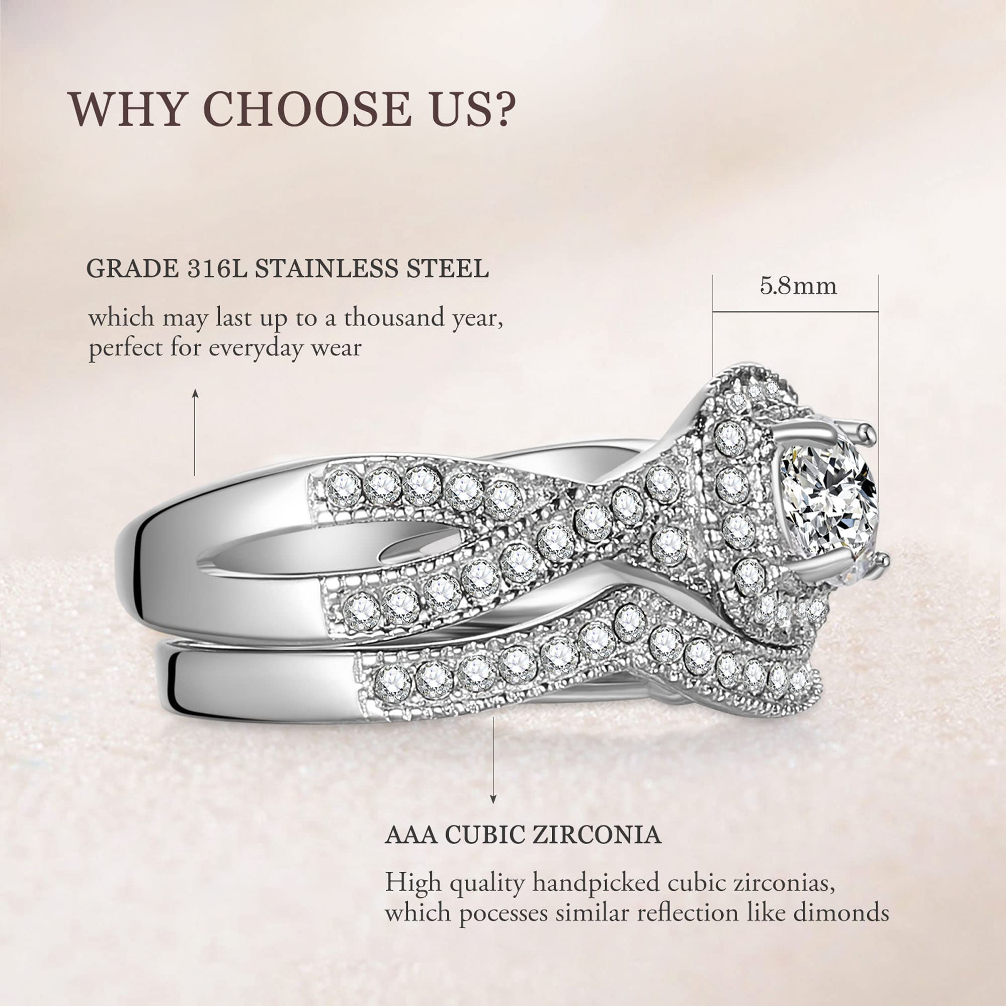 Loyufevr Stainless Steel Wedding Engagement Eternity Women Ring Sets Infinity Round CZ Halo Bridal Size 6, White, (KH_368_70)