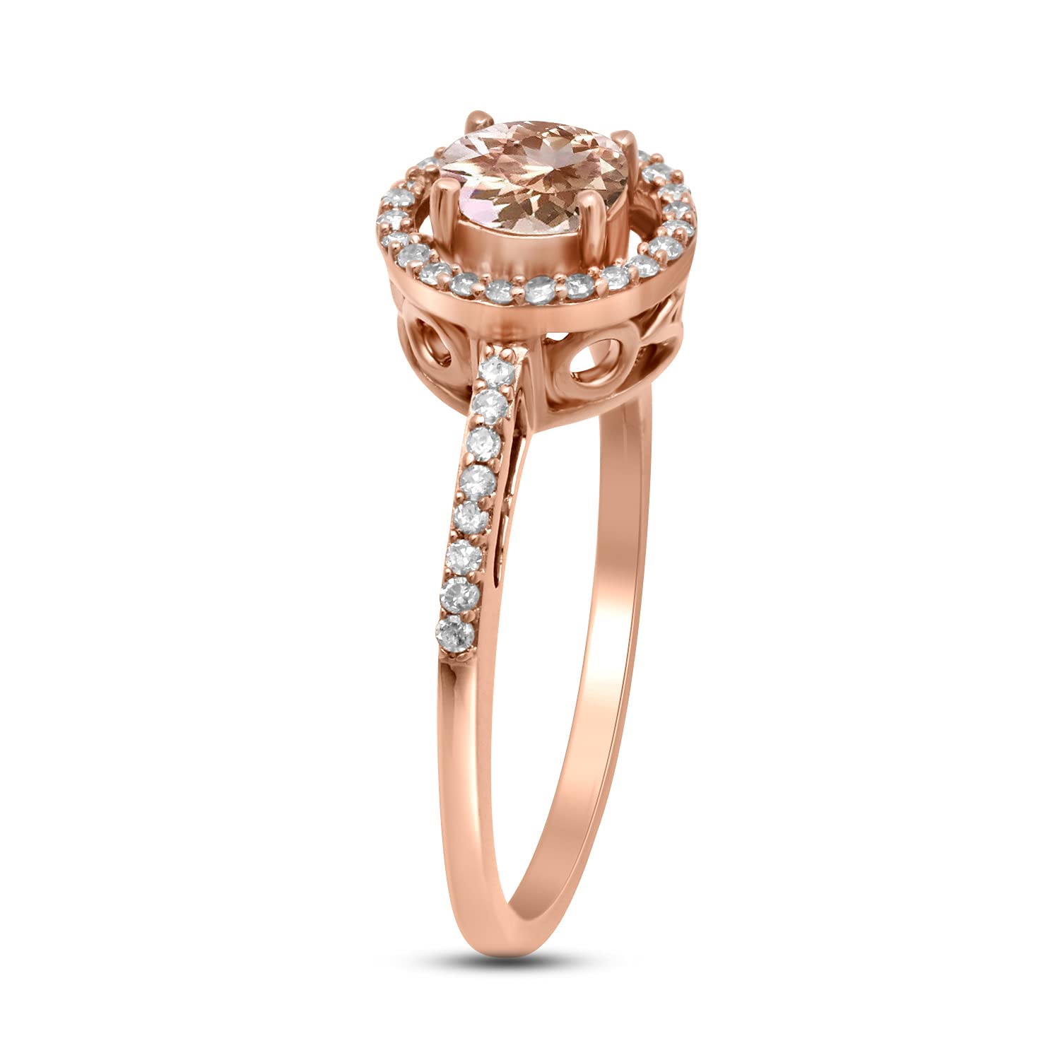 Jewelili 10K Rose Gold 5 MM Round Morganite and 1/6 Cttw Natural White Round Diamond Halo Ring, Size 7