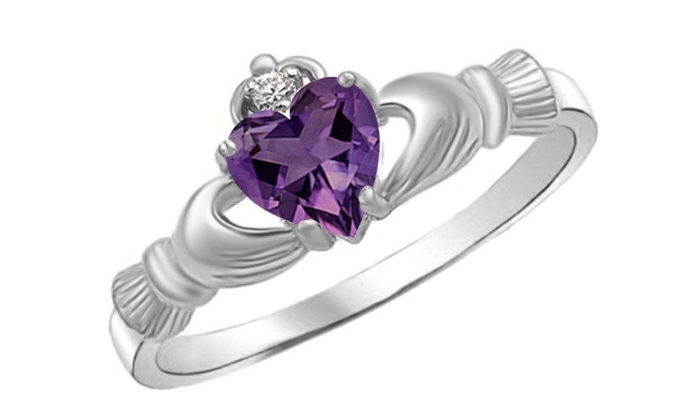 Jewel Zone US Heart Cut Simulated Amethyst & Cubic Zirconia Claddagh Ring In 14k White Gold Over Sterling Silver Jewelry Gift For Her Ring Size-8.5