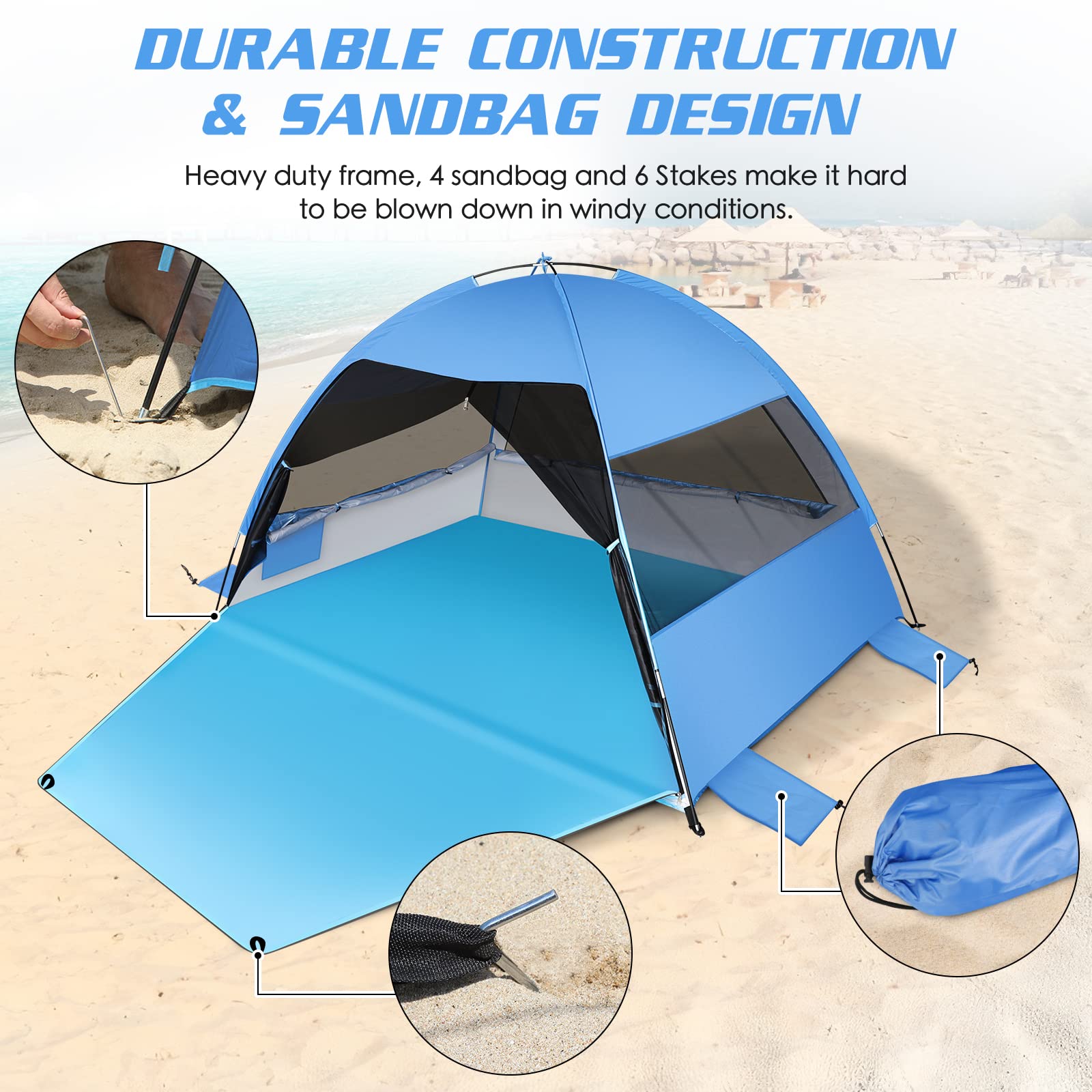 Large Easy Setup Beach Tent,Anti-UV Shelter Canopy Sun Shade with Extended Floor & 3 Mesh Roll Up Windows Fits 3-4 Person,Portable Shade Tent for Outdoor Camping Fishing (Blue)
