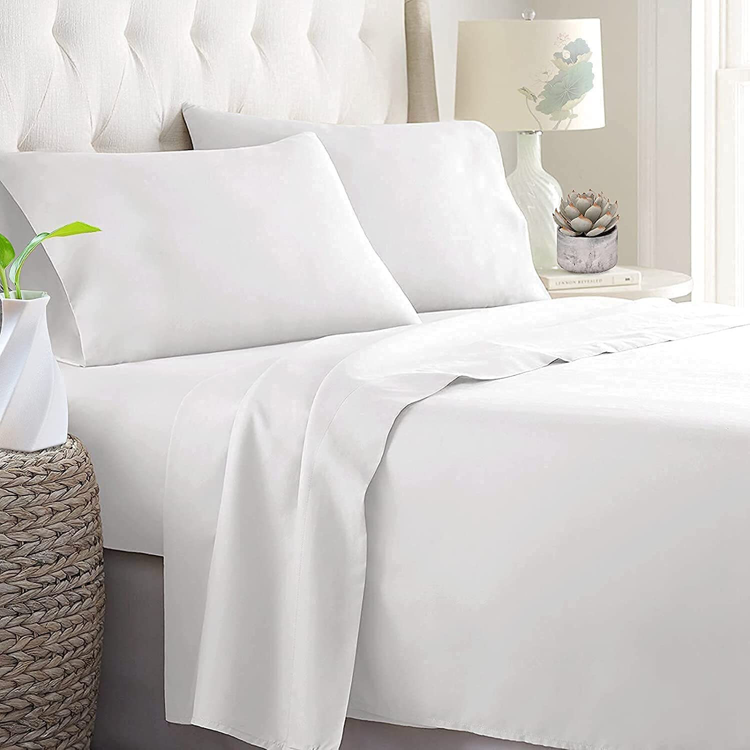 King Sheet Set 600 Thread Count, 100% Cotton Hotel Luxury Bed Sheet Set-4 Pieces Sheet & Pillowcase Set Ultra Soft Linens with 16" Deep Pocket Breathable & Durable (King, Pure White)