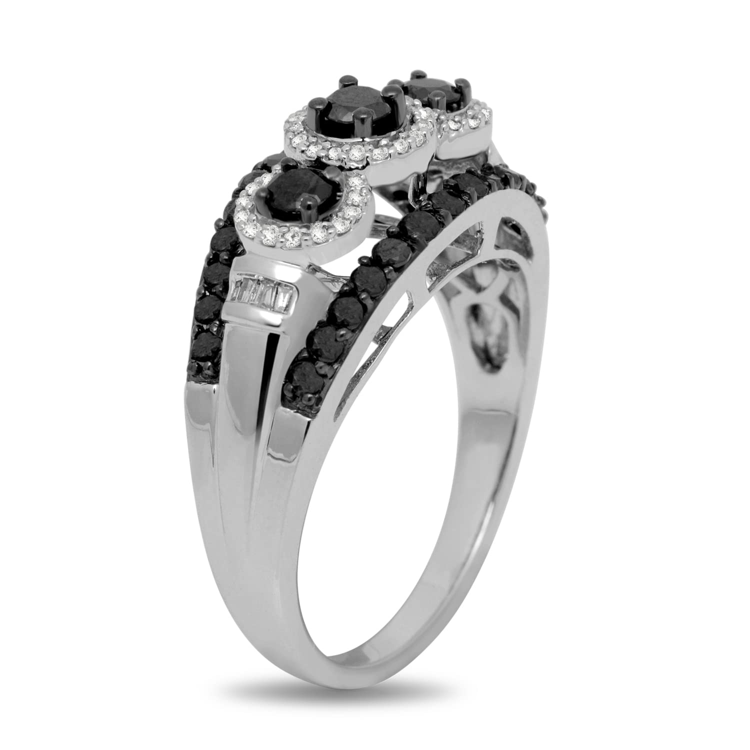 Jewelili 10K White Gold 1.0 Cttw Treated Black Round and Natural White Round and Baguette Diamonds Three-Stone Ring, Size 7