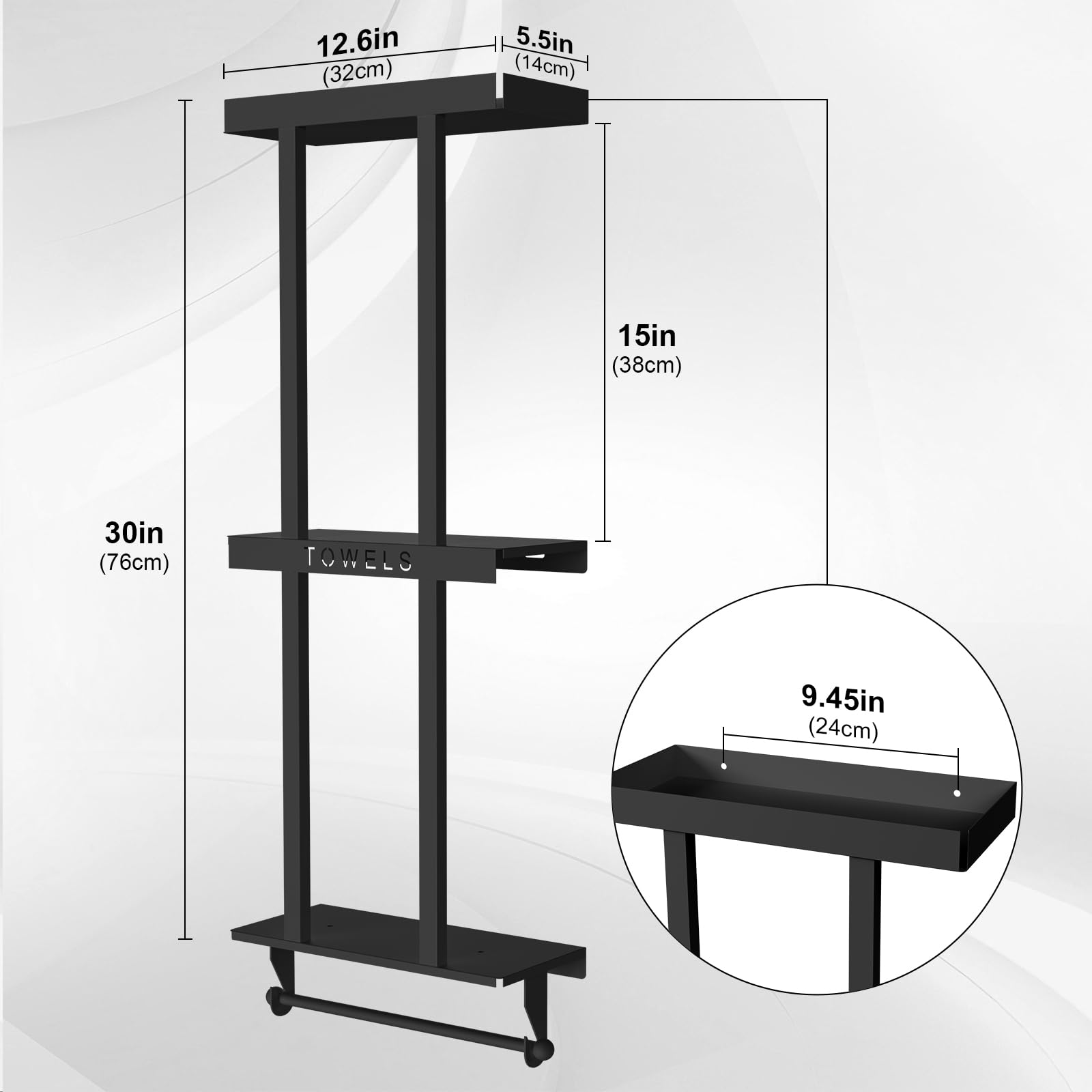 XWF Bathroom Towel Storage Rack,Wall Mounted Metal Bathroom Organizer,Wall Mounted Roll Towel Rack 30-Inch with Shelf for 6 Large Towels (Black)