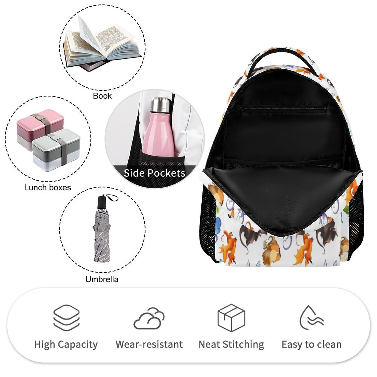 JAYWIS Fire Wings Dragon Backpack Large Capacity Laptop Bags Lightweight Multifunction Daypack for Daily/Work/Sport