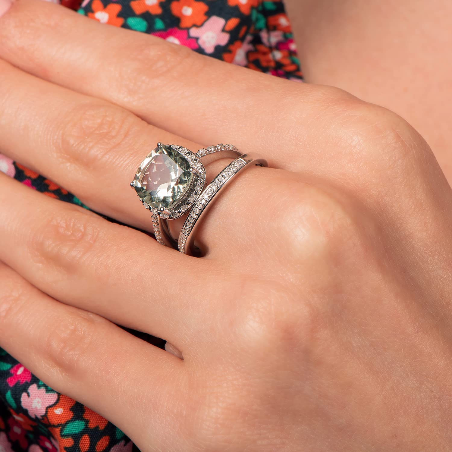 Jewelili Cocktail Ring with Cushion-cut Green Amethyst with White Diamond Halo in Sterling Silver, Size 7