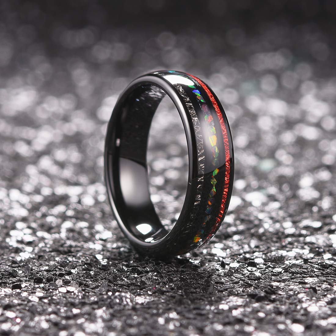 King Will Nature 6mm Black Tungsten Carbide Ring for Men Wedding Band Red Inlay