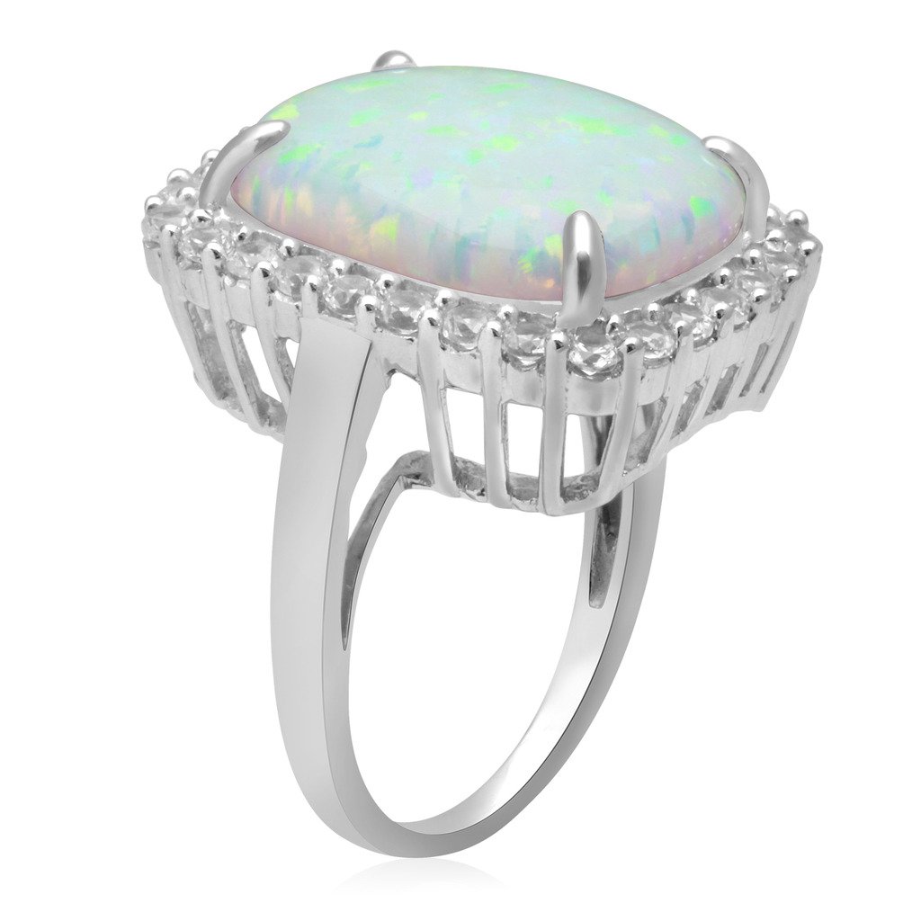 Jewelili Halo Ring in Sterling Silver with Cushion Cut Created Opal and Round Created White Sapphire, Size 7