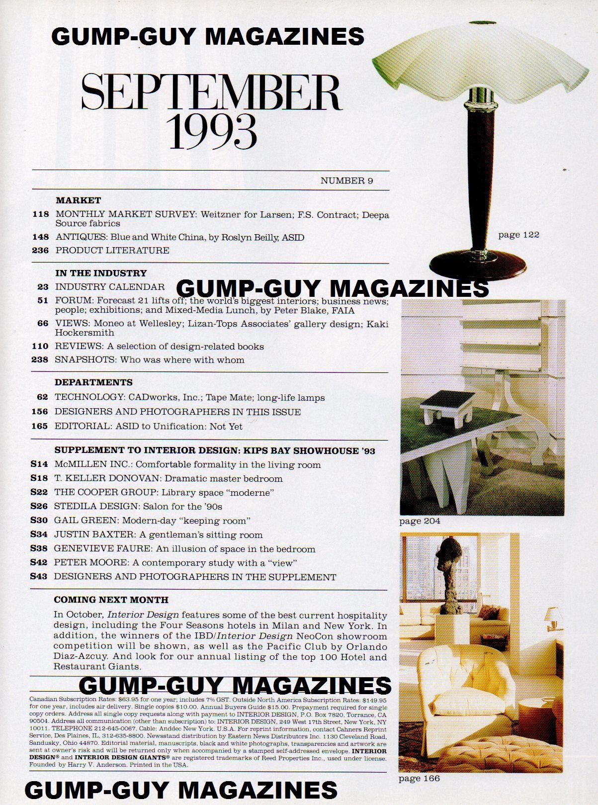 Interior Design September 1993 Magazine ALEXANDER GORLIN: A MANHATTAN APARTMENT BECOMES THE SETTING FOR A MUSEUM-QUALITY ART COLLECTION Dramatic Master Bedroom GENTLEMAN'S SITTING ROOM