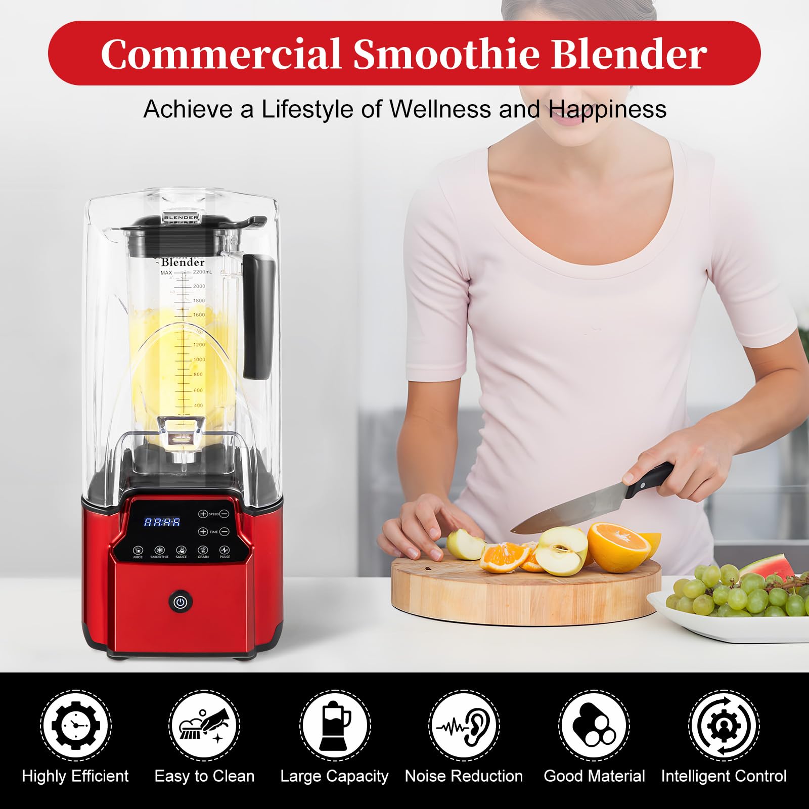 YUNLAIGOTOP Quiet Commercial Blender, 2200W Soundproof Cover Blender, Fruit Juice Smoothie Maker with Smart Touch Screen, High-Speed Blenders for Restaurants, Hotels, Homes, Parties (2.2L, Red)