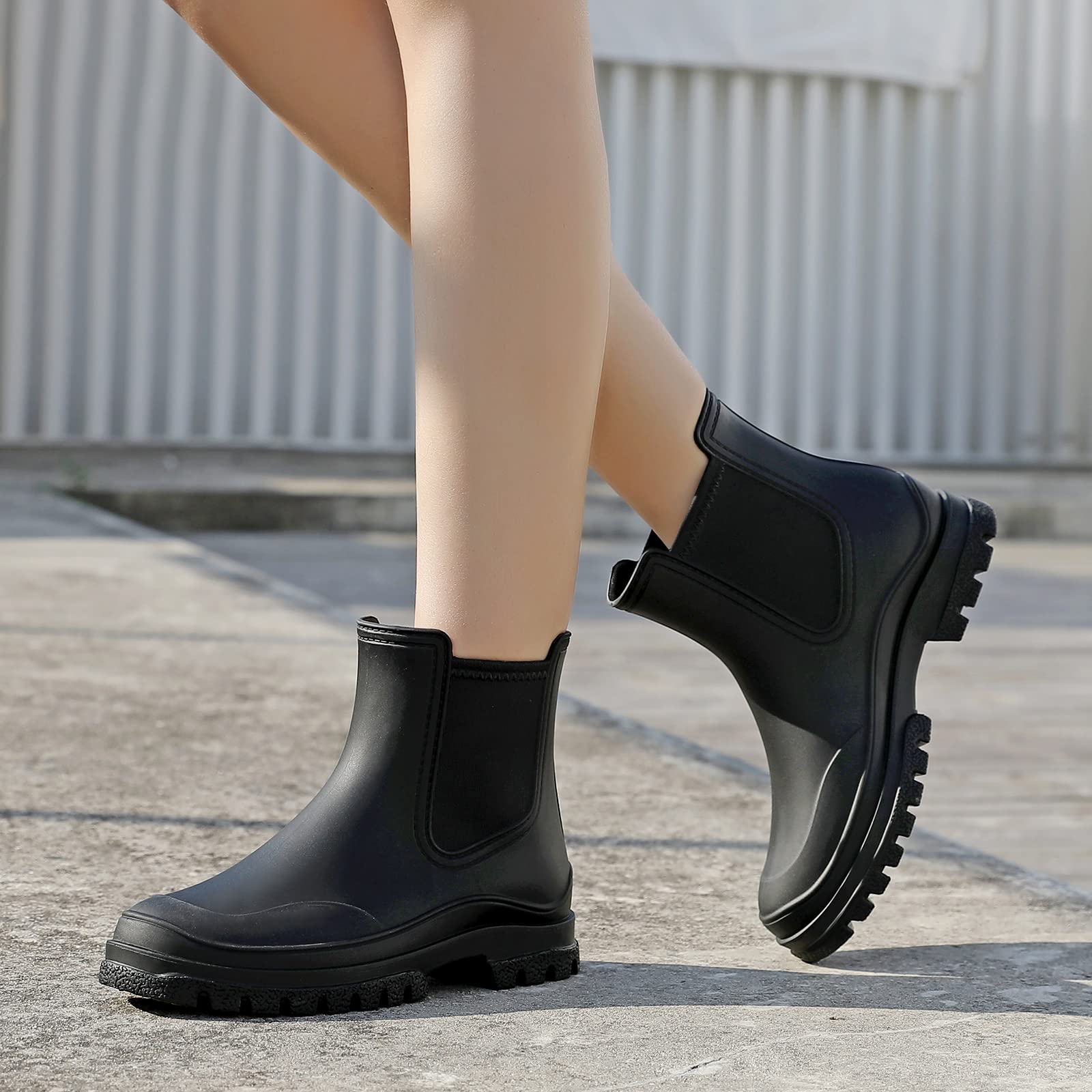 Hsttgsr Women's Rain Boots, Comfortable Elastic Adult Ankle Booties, Fashion Mid Heel Chelsea Boots, Waterproof Non-Slip Chunky Platform Lug Sole Short Garden Boots