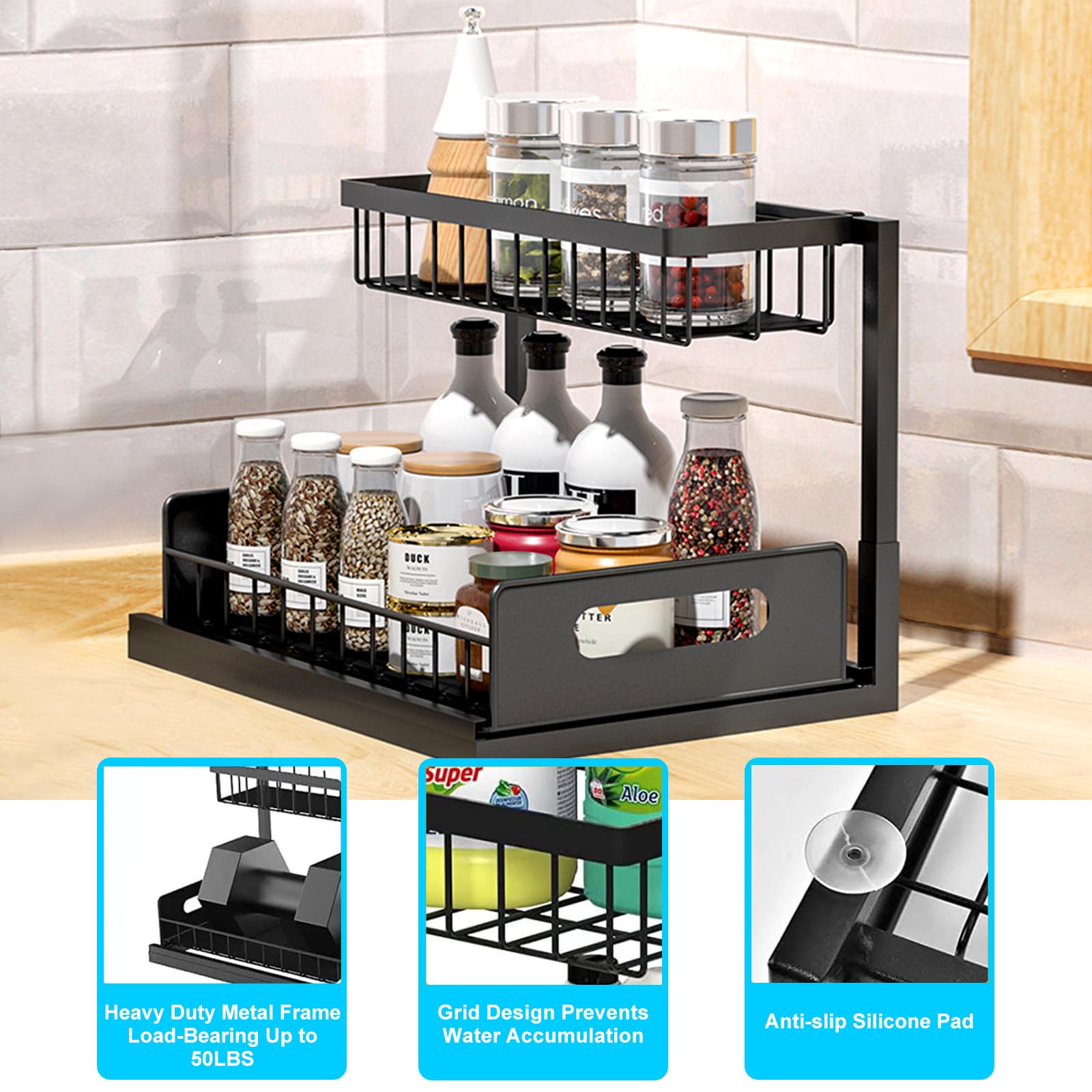 LEWORKUS Under Sink Organizer, 2-Tier with Sliding Large Capacity Heavy Load Pull-out Under Sink Shelves Multi Purpose for Under Kitchen Bathroom Sink Organizers and Storage