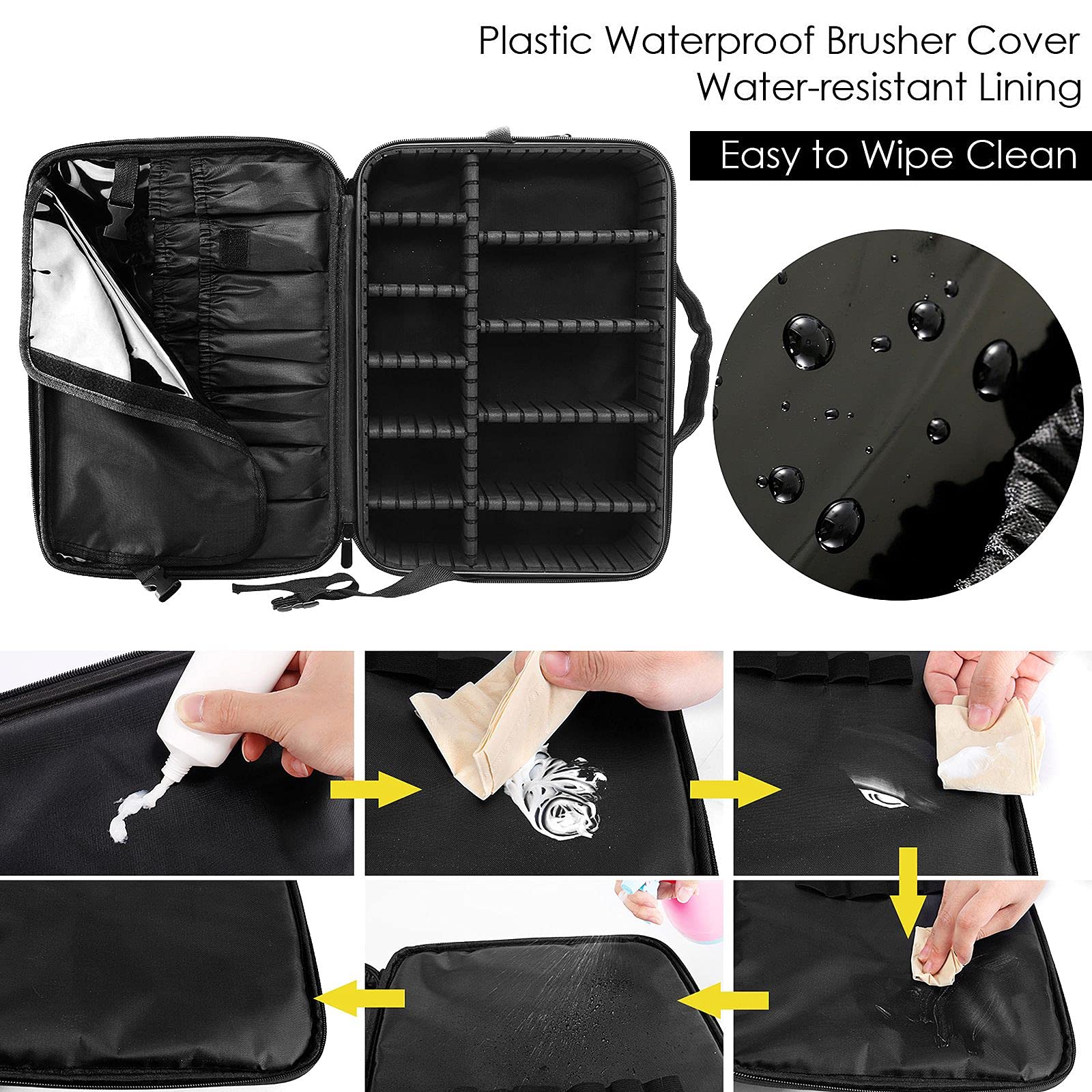 JAZZ GORDON Makeup Bag Large 3 Layers Travel Makeup Organizer Professional Makeup Case Portable Artist Storage Mkeup Brush Bag with Adjustable Dividers,Straps (Black)