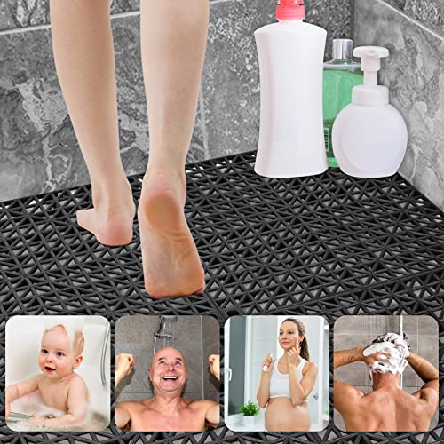 Modular Interlocking Cushion 12 Pcs 11.8" x 11.8" Interlocking Rubber Floor Drain Holes Non-Slip Splicing Drainage Mats for Deck, Shower, Kitchen, Drain Pool, Sauna Bath, Indoor Outdoor (Black)