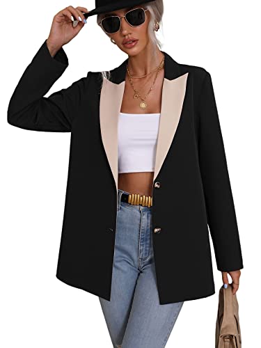WDIRARA Women's Colorblock Lapel Button Front Long Sleeve Work Office Jacket Blazer Black M