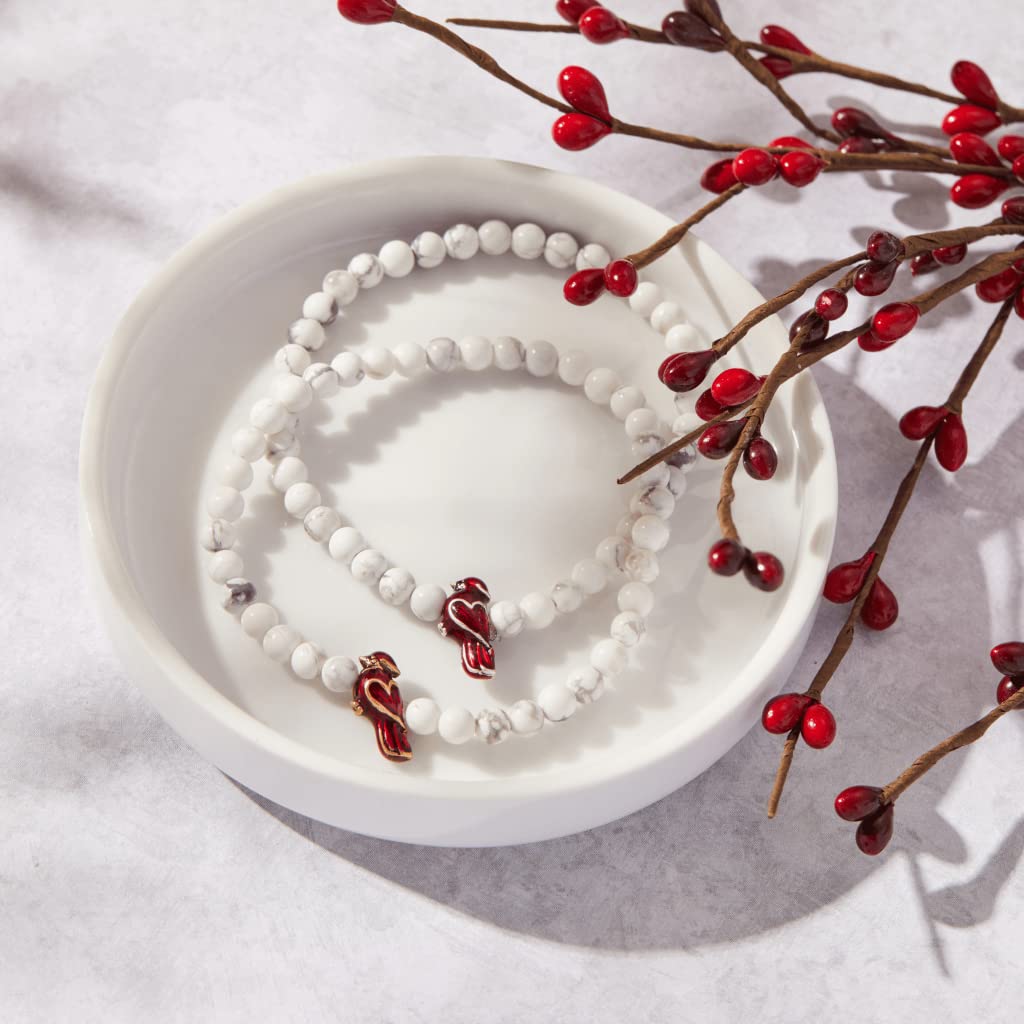 Luca + Danni Red Cardinal Stretch Bracelet with White Howlite Beads For Women - Silver Tone Regular Size Made in USA