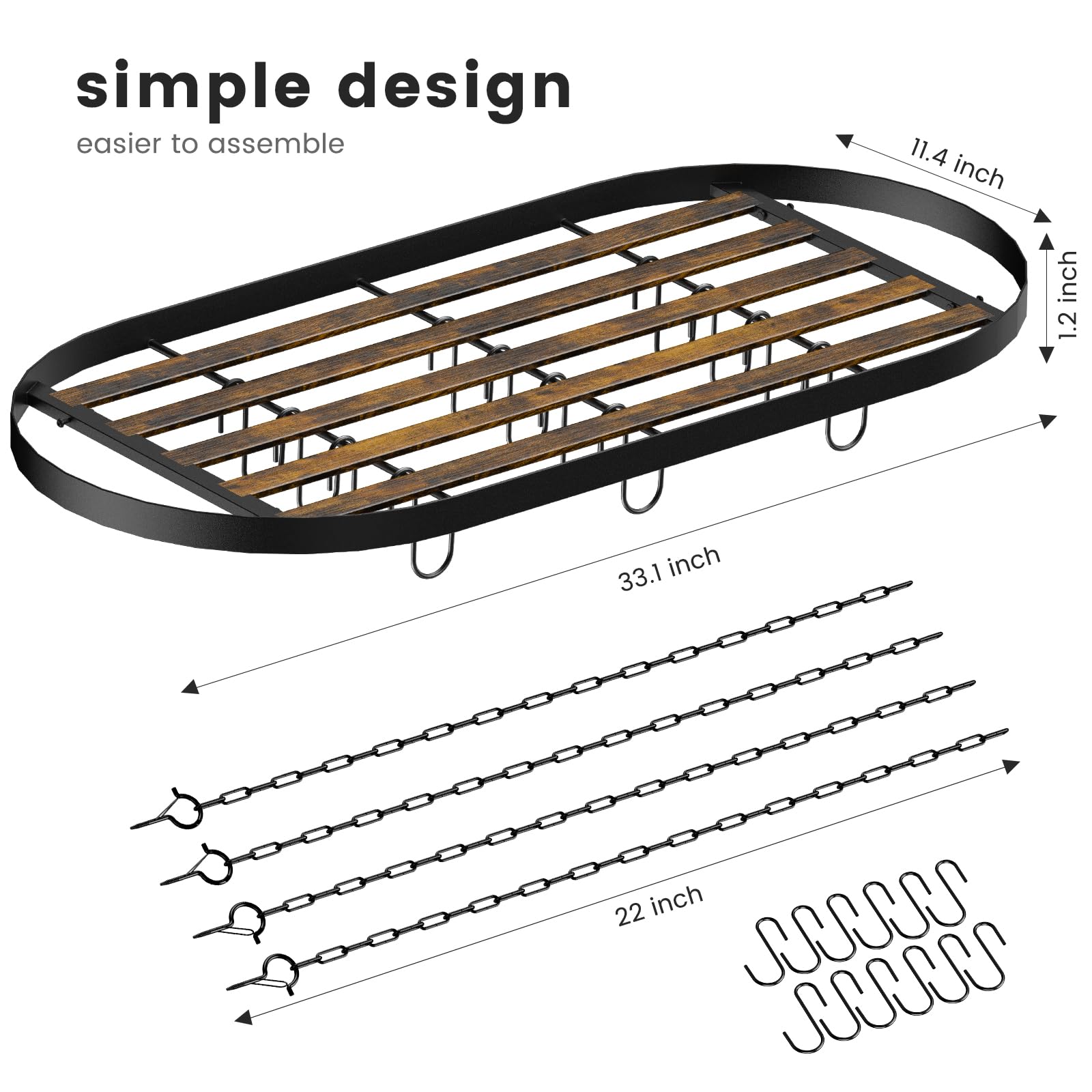 LiebeRen Pot Rack Hanging, Pot Hanger for Kitchen Ceiling, Hanging Pot Rack Ceiling Mount(33"x 16.5"x 1.2"inches, Ceiling Pot Rack with 12 Hooks, Pot and Pan Hanger Made of Wood and Iron.(Black)
