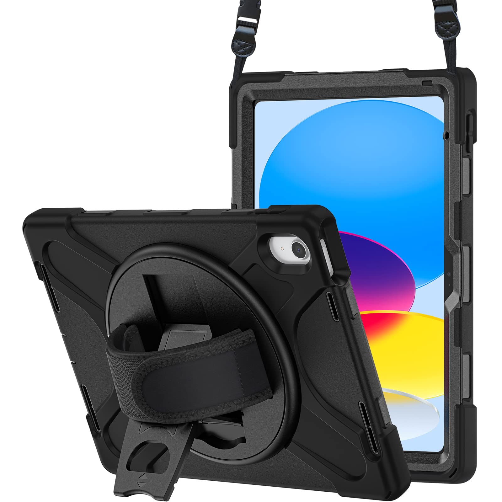 ProCase Heavy Duty Case for iPad 10th Generation 10.9 Inch 2022, Rugged Shockproof Cover Rotating Kickstand with Handle Holder Shoulder Strap for 10.9" iPad 10 –Black