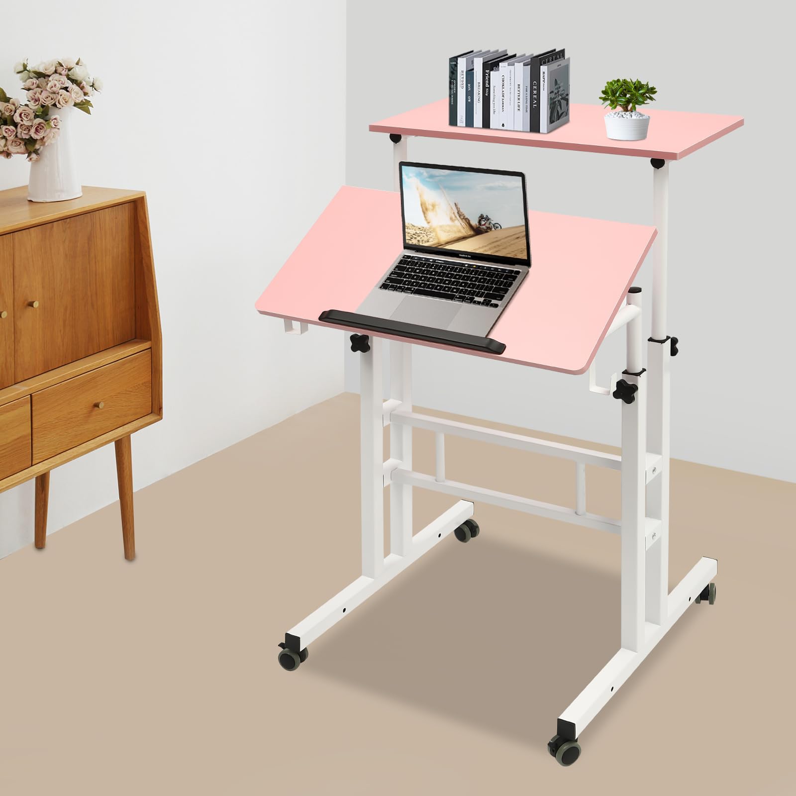LEYSRIS Mobile Standing Desk Stand up Computer Desk Workstation with Universal Wheels, Adjustable Height Dual Desktop Tilting Panel Rolling Computer Cart with 2 USB Interfaces and 2 Sockets (Pink)