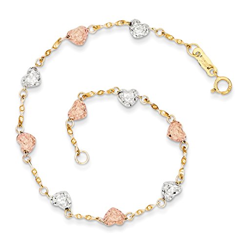 IceCarats 14K Tri Color Gold Heart Love Chain Charm Bracelet 7 inch