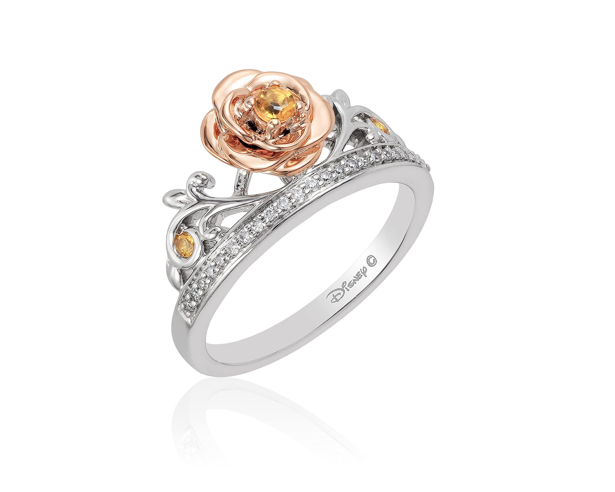 Jewelili Disney Princess Belle Inspired Rose Ring with 1/10 CTTW Diamonds and Yellow Citrine in 14K Rose Gold over Sterling Silver Size 9 Enchanted Disney Fine Jewelry